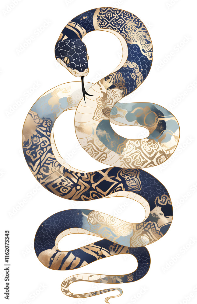 Blue snake with abstract gold pattern ornament skin scales. Chinese New ...