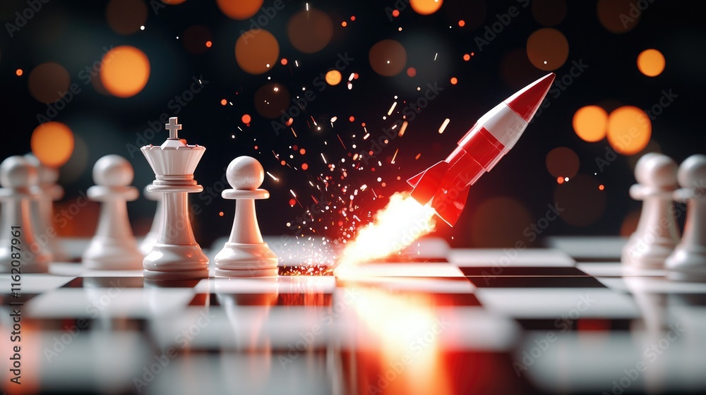 A white chess king with a rocket launching from the chessboard ...