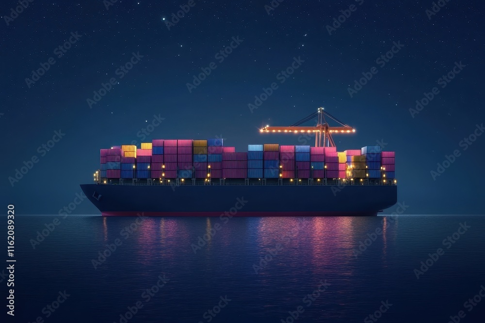 A large cargo ship with stacks of brightly colored containers sits on ...