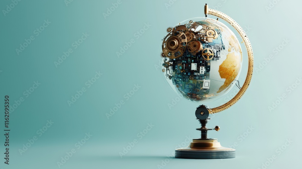 3D globe showing a visual timeline of technology evolving across ages ...