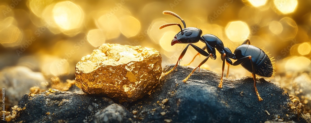 Closeup of a black ant carrying a golden nugget on a textured rock ...