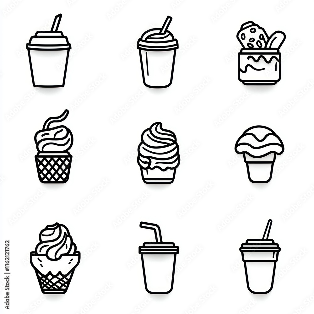 Nine line-art icons depicting various desserts and beverages, including ...