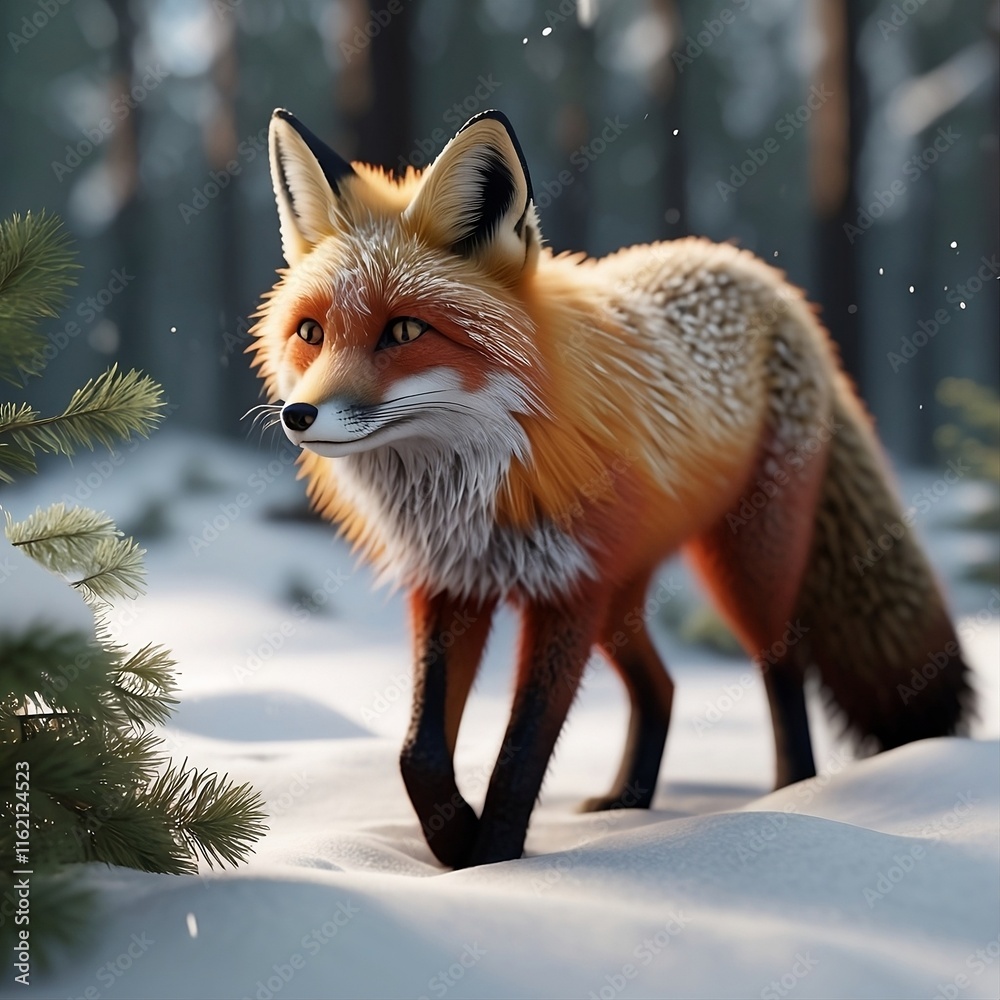 fox in the snow,Red fox hunting in a snowy forest, fur rendered with individual hairs and ...