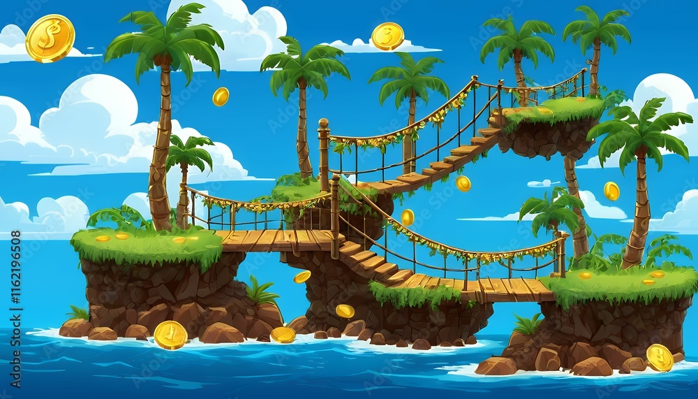 Arcade tropical island game level map interface. Sky clouds, palms and ...