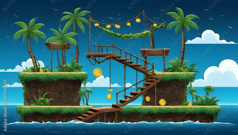 Arcade tropical island game level map interface. Sky clouds, palms and ...