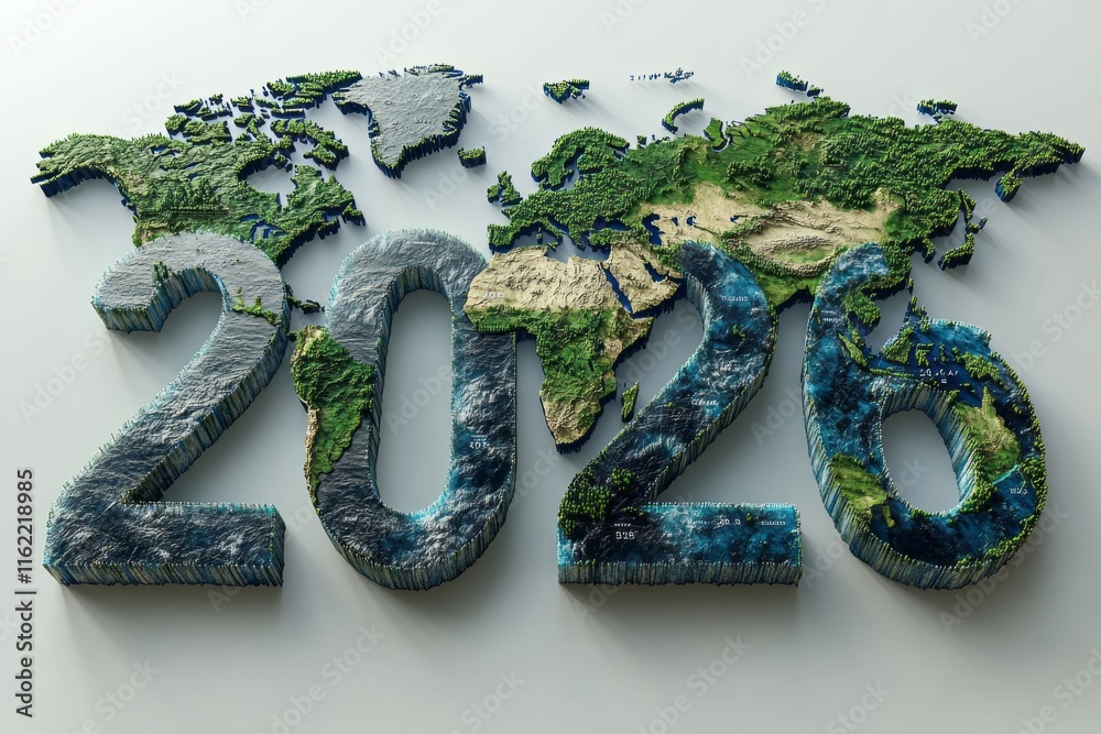 2026 world map typography with textured continents and oceans, ideal ...