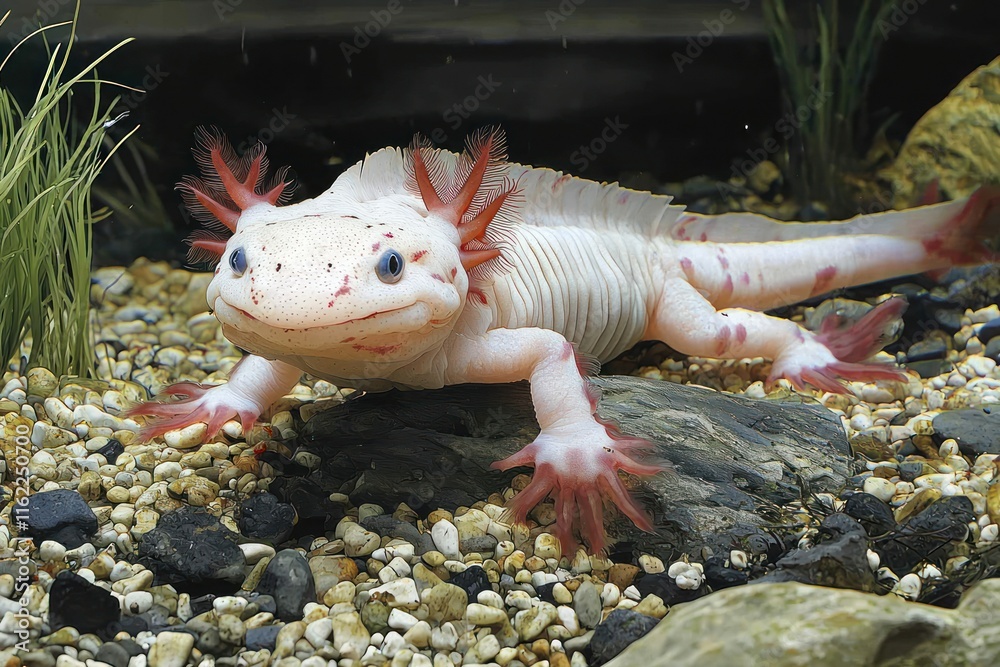 Albino axolotl in aquarium, on rock, with pebbles and plants. Stock ...