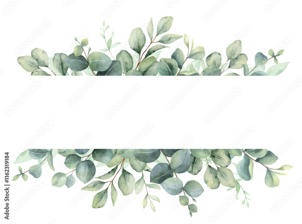 Watercolor vector banner with green eucalyptus leaves and branches ...