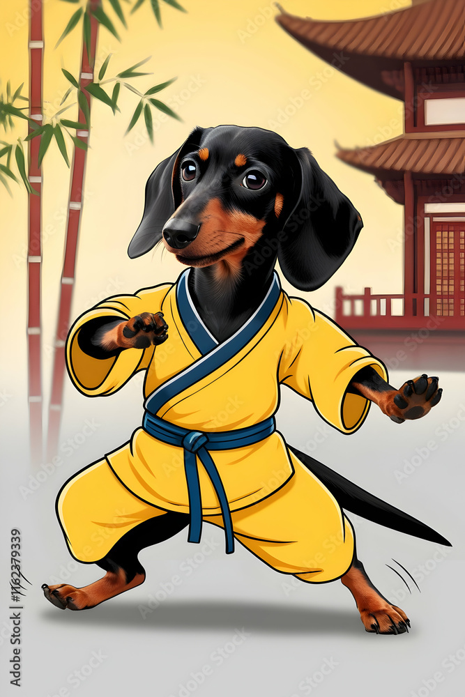 image of a Dachshund dog wearing a bright yellow kimono and posing as a ...