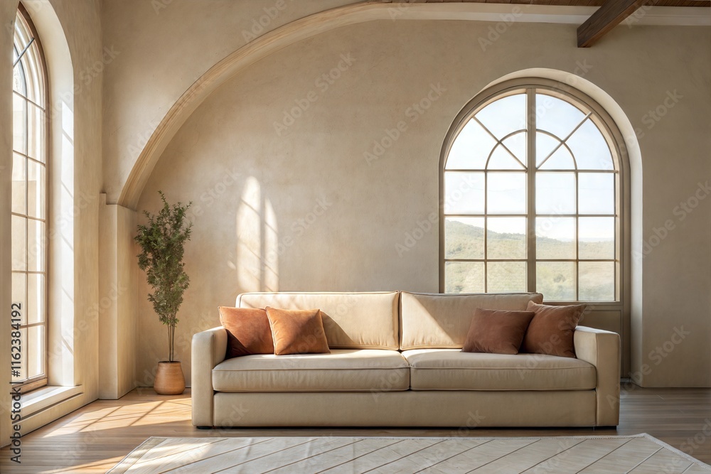 Stylish modern loft with beige sofa, terra cotta pillows, large arched ...