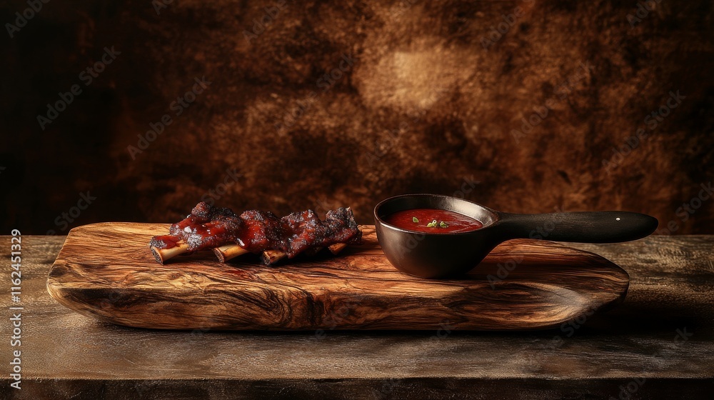 Gourmet BBQ ribs presentation, vibrant burgundy dipping sauce ...