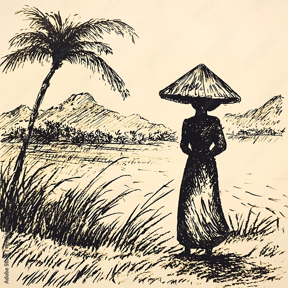 Pen and Ink Drawing of a Woman in Traditional Vietnamese Clothing ...