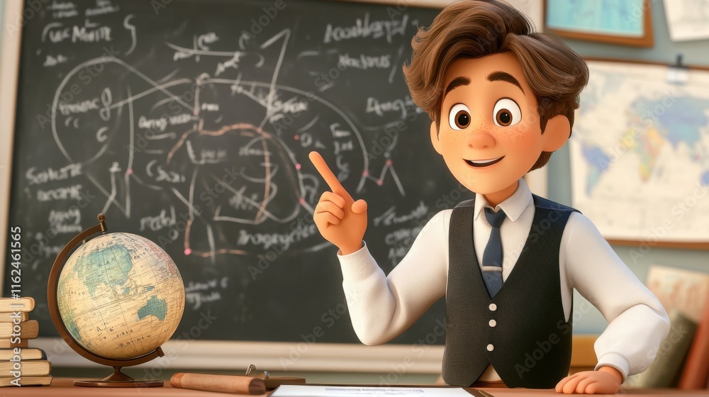 Animated history classroom featuring maps, a globe, and a teacher ...