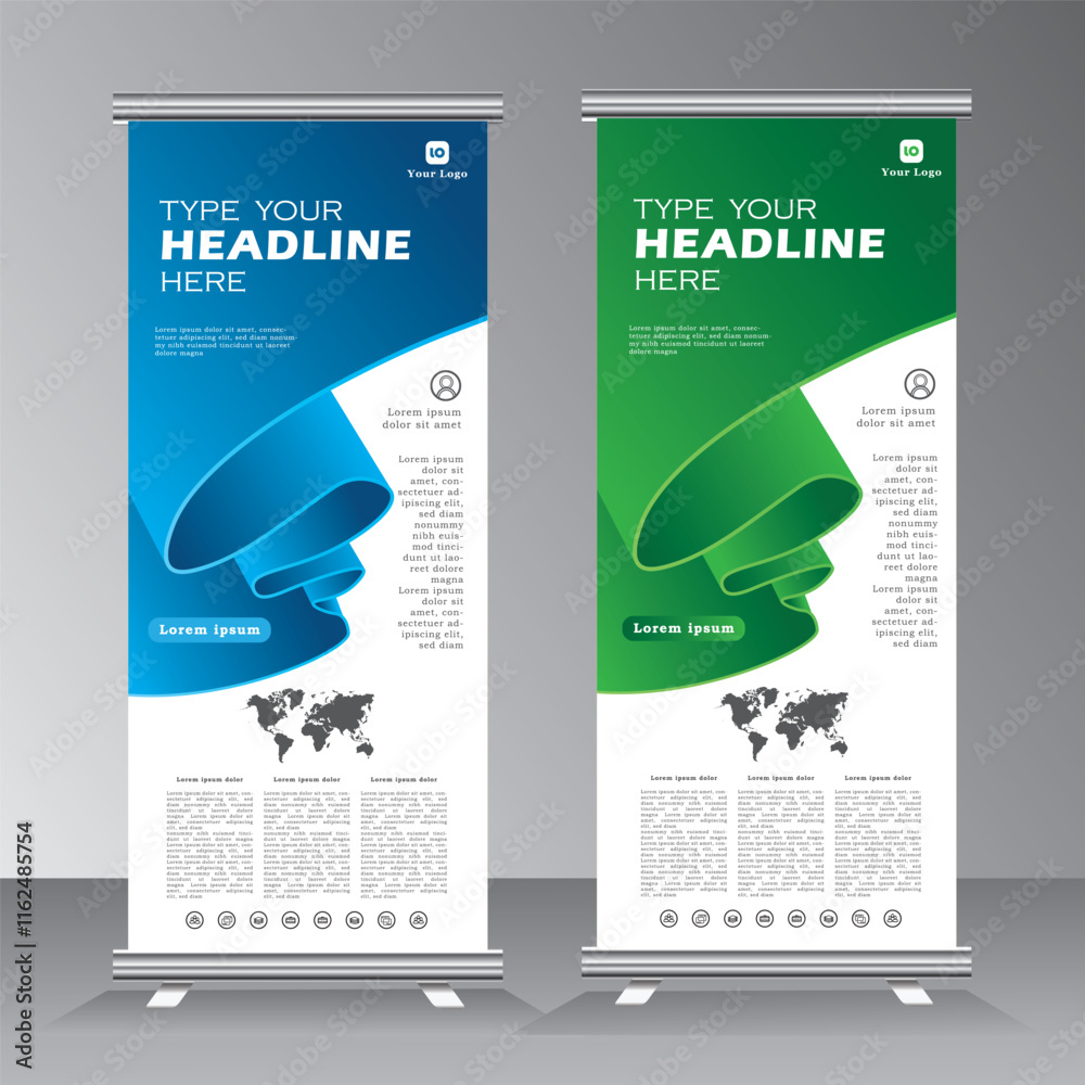 Roll up banner for business, ribbon design vertical banner with green ...