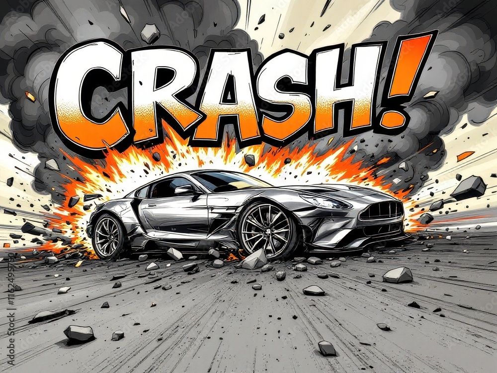 Dynamic comic book art of high-speed car crash explosion for graphic ...