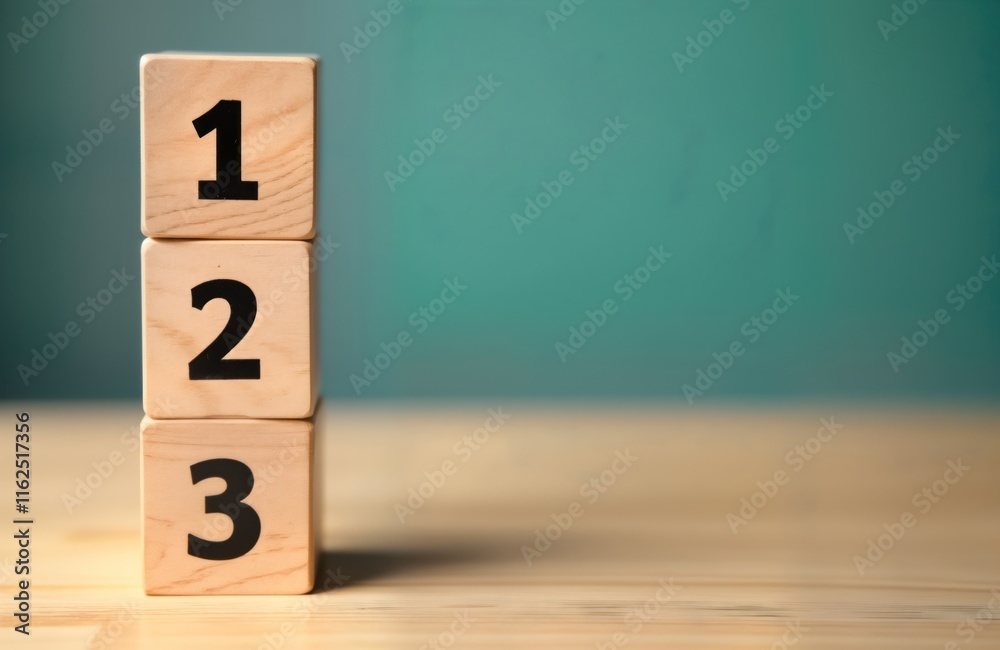 Wooden blocks stacked in order 1, 2, 3. Simple visual aids representing ...