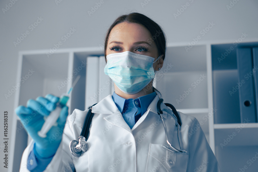 A Healthcare Professional who is carefully preparing a vaccine syringe ...