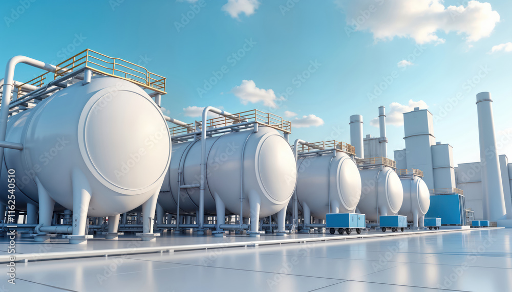 Modern industrial area with large white tanks for hydrogen storage ...