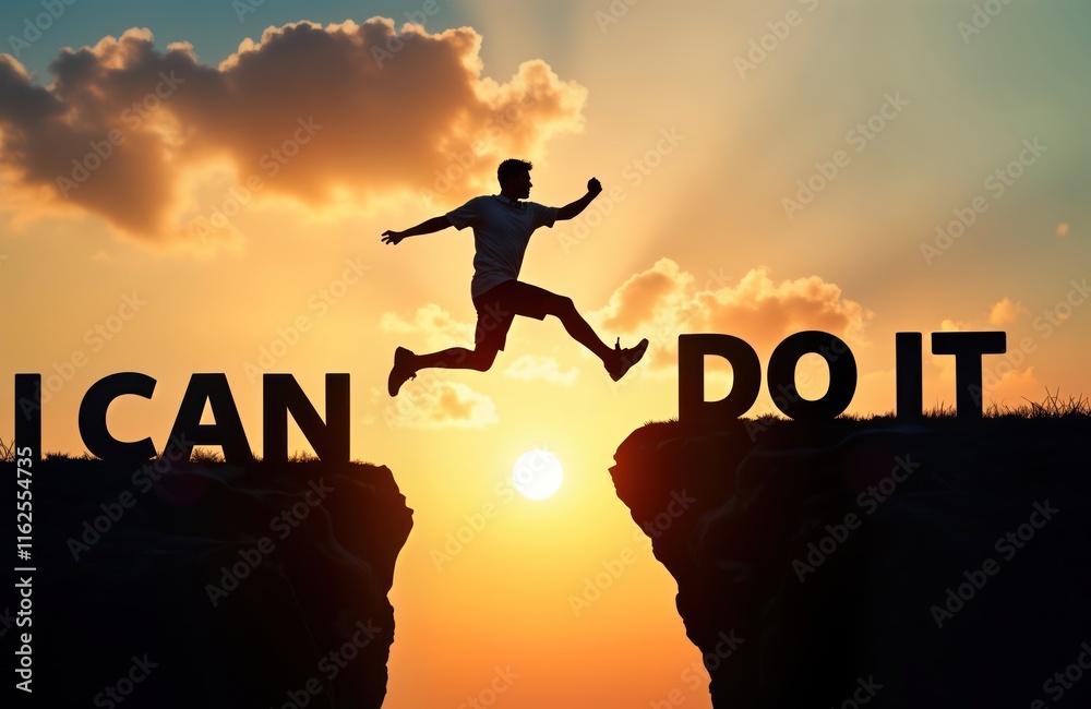 Motivated man jumps over cliff gap with words I. Inspirational image of ...