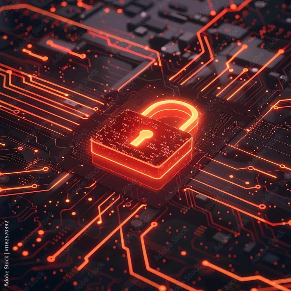 Glowing red padlock icon integrated into a dark circuit board with ...