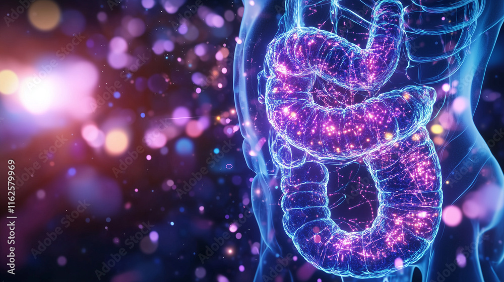 Ilustração stomach microbiome visualization, digestion process ...