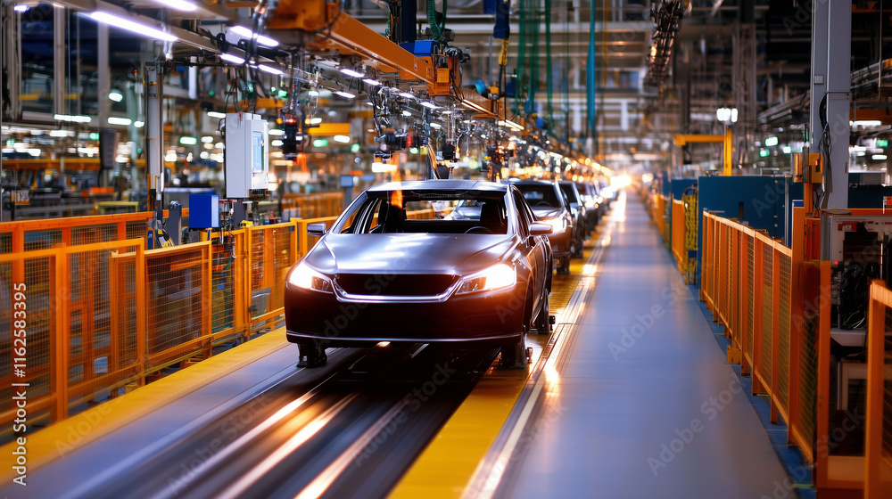 Automated robotic arms constructing car bodies on a streamlined assembly line, representing ...