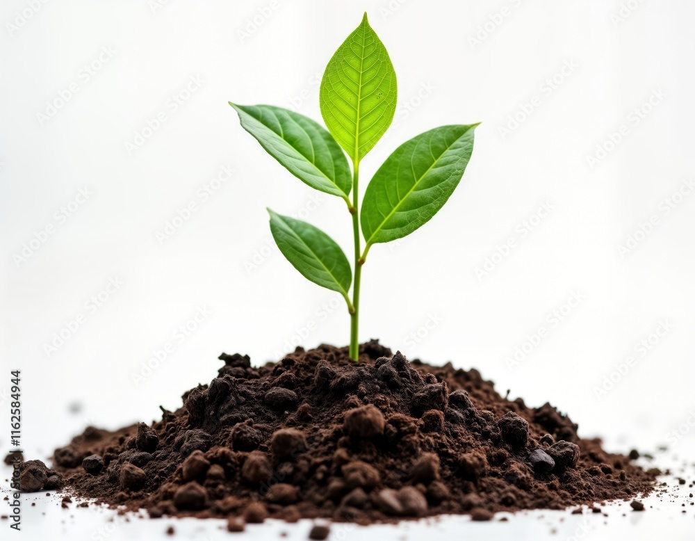 Young plant sprouting from fertile soil. Isolated white background. New ...