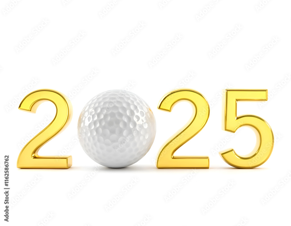 Golden 2025 numerals flanking a white golf ball on a white background ...