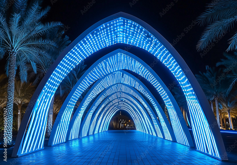 Architectural archway: Blue lighting, parametric design, sleek lines ...