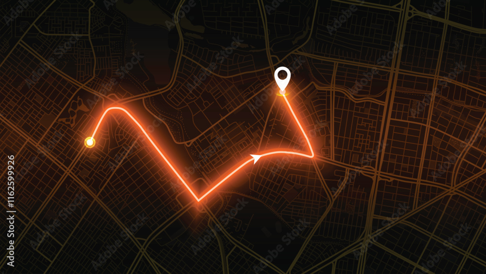 orange neon GPS road map of Bogota with the arrow that moves to the ...