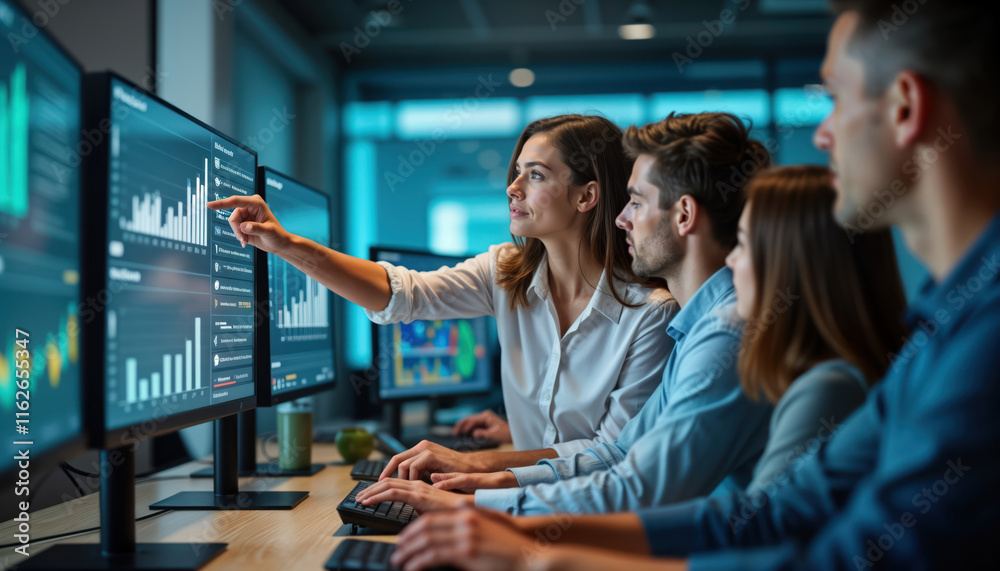 Young woman points at monitors showing data analysis charts. Colleagues ...