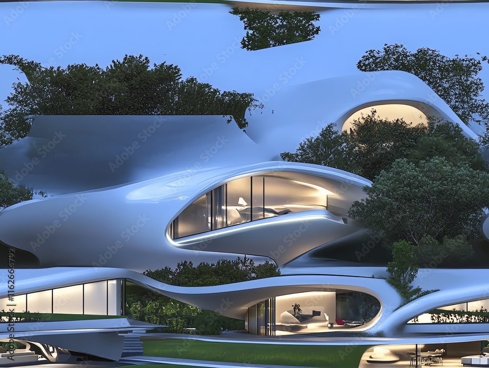 Futuristic, biomorphic house nestled amongst lush greenery at twilight ...