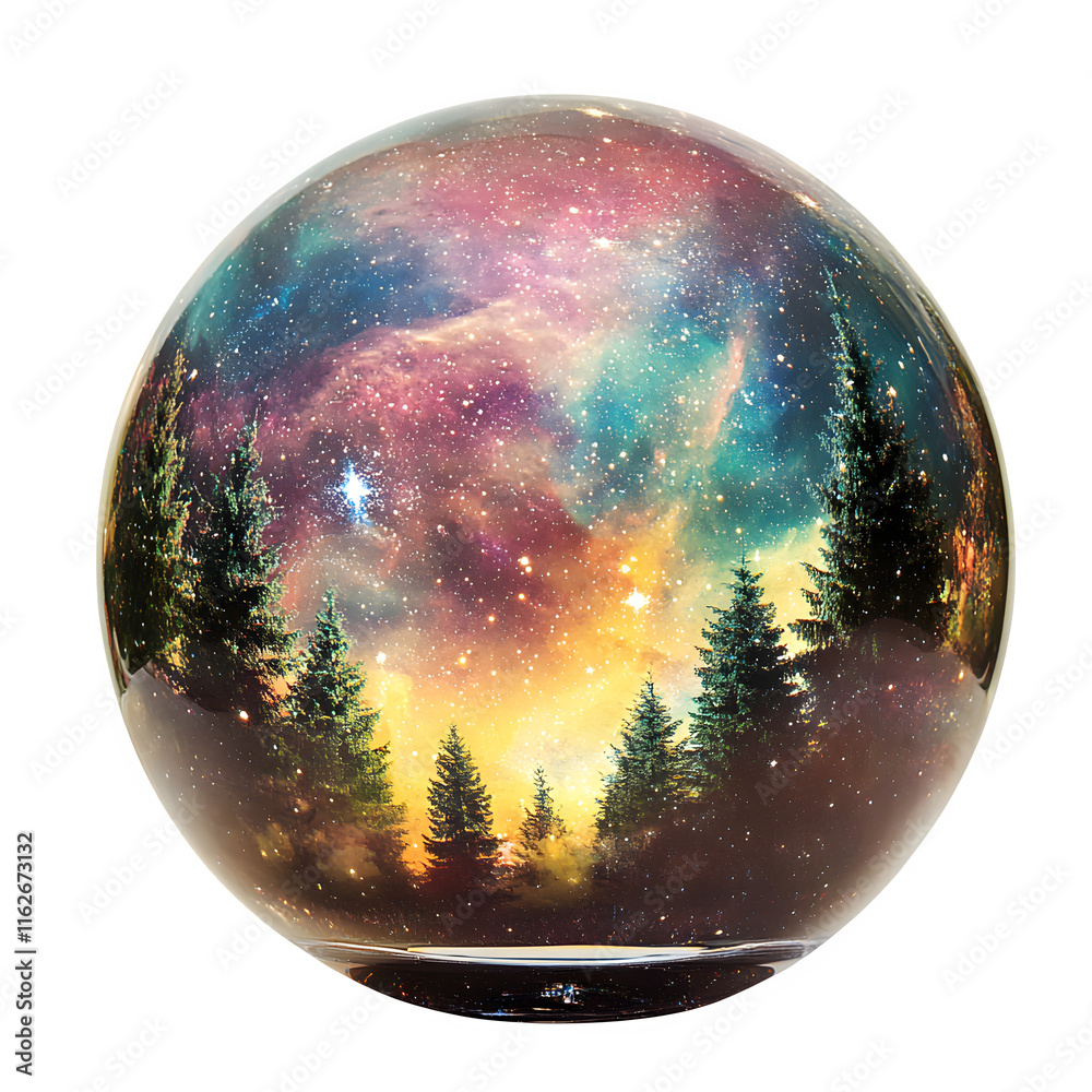 Glass sphere showing colorful nebula and fir trees on transparent ...