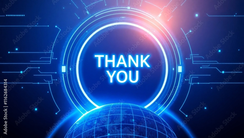 Futuristic glowing blue thank you design with a digital globe and ...