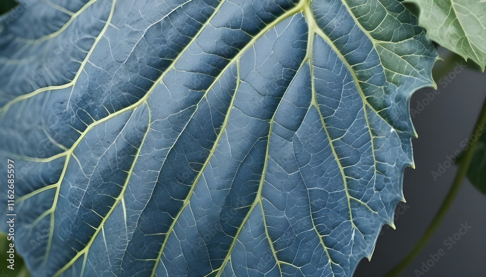 Primer plano de una hoja azul con venas verdes, que muestra los ...