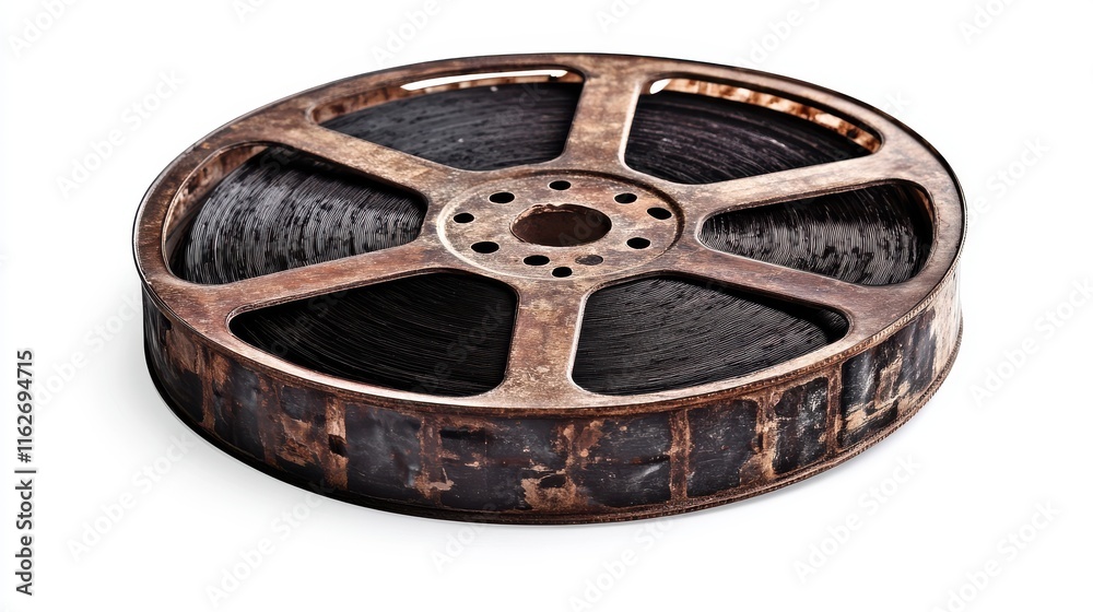 A vintage film reel, showing signs of age with rust and wear ...