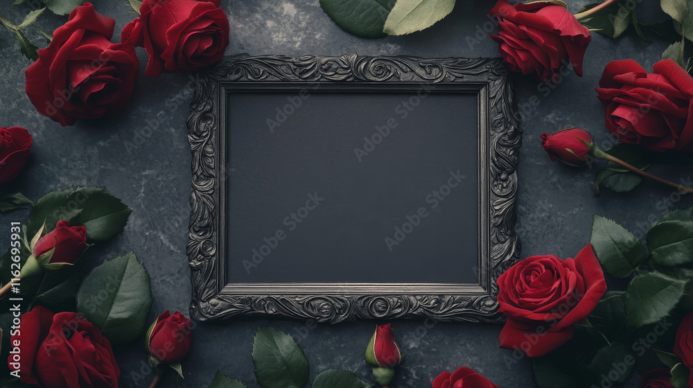 Funereal floral borders with red roses. Mourning card decor with roses ...