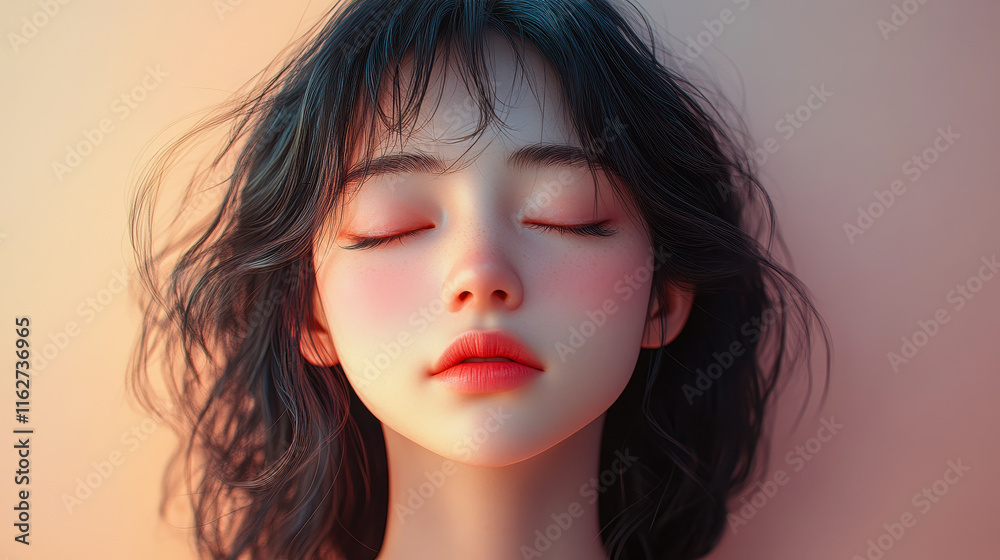 Sad Young Asian Woman Cartoon Character with Closed Eyes in 3D Style ...