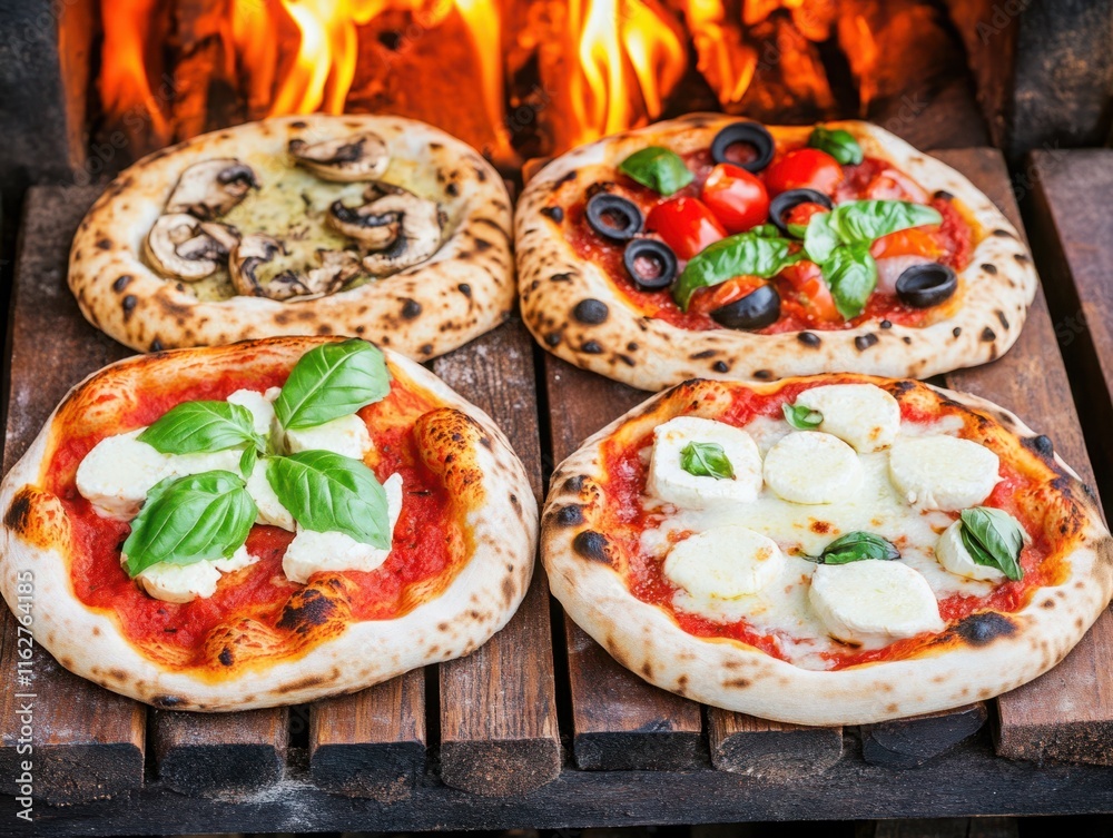 Delicious Wood-Fired Pizzas with Fresh Toppings in Bright Flames ...
