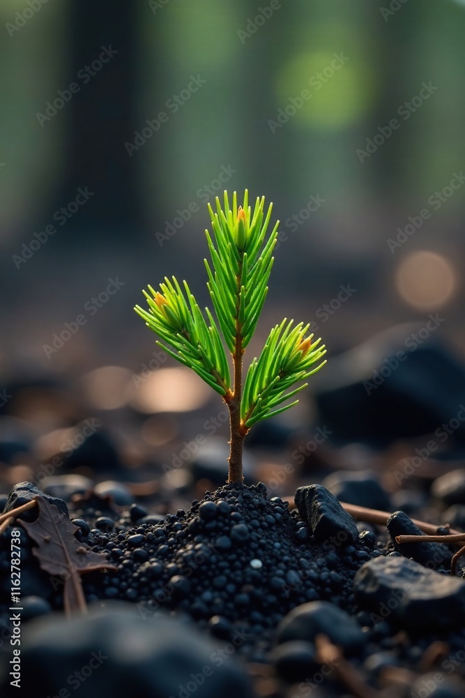 Tiny pine seedling emerges through burnt earth, growth, forest fire ...
