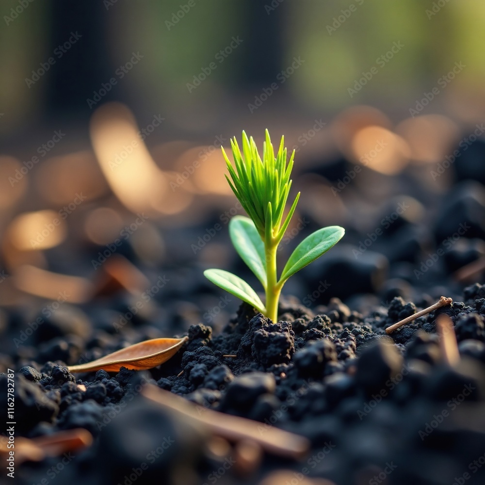 Tiny pine seedling emerges through burnt earth, nature's rebirth ...