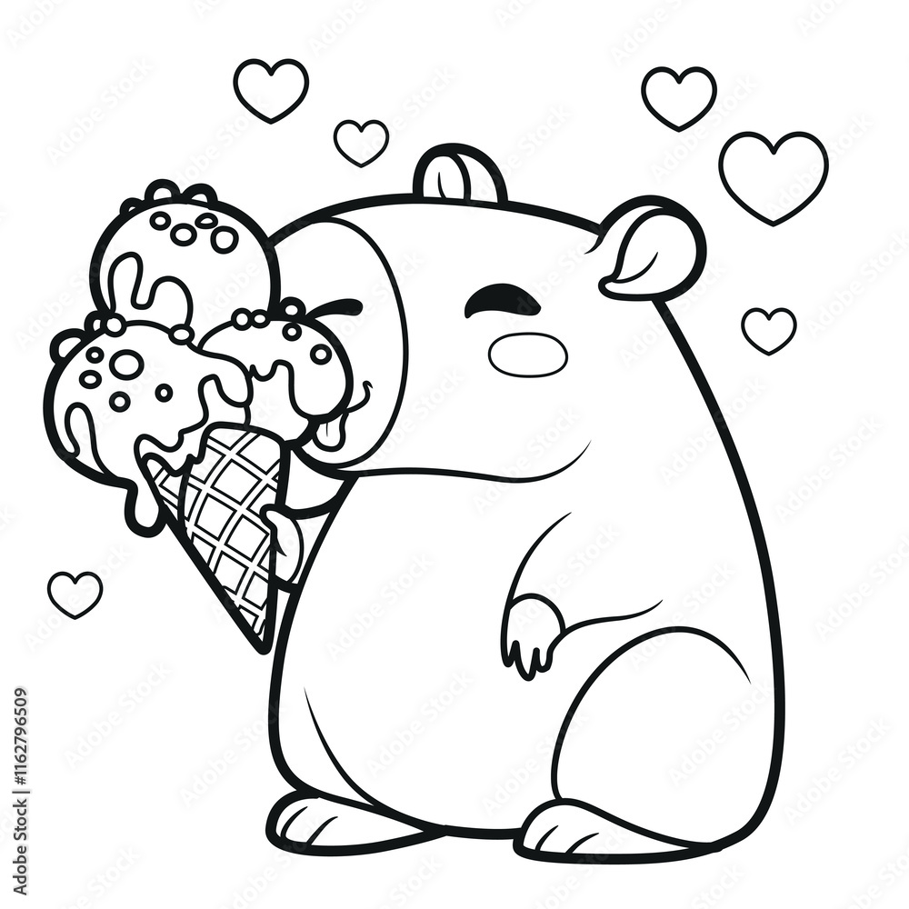 Cute cartoon capybara eating ice cream outlined for coloring page on ...