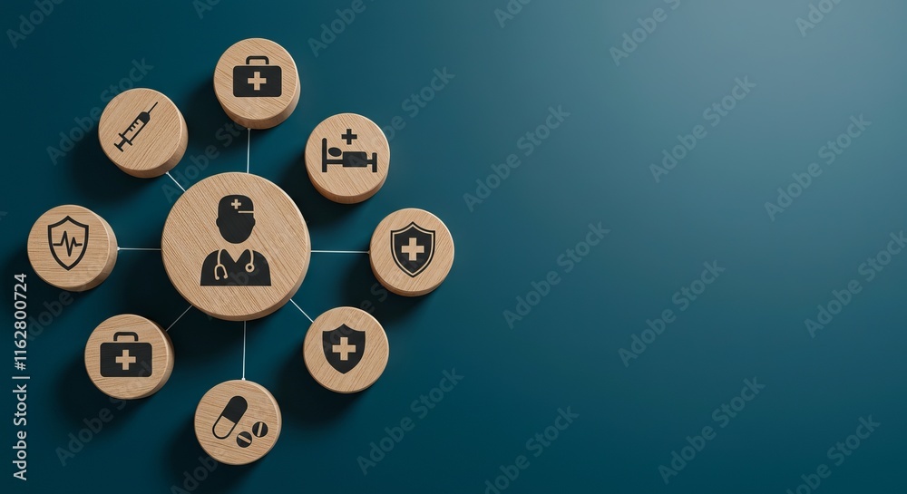 Health insurance and Medical icons, wooden circles, white background ...