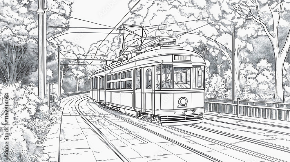 Vintage tram transportation outline illustration, cute hand drawn ...
