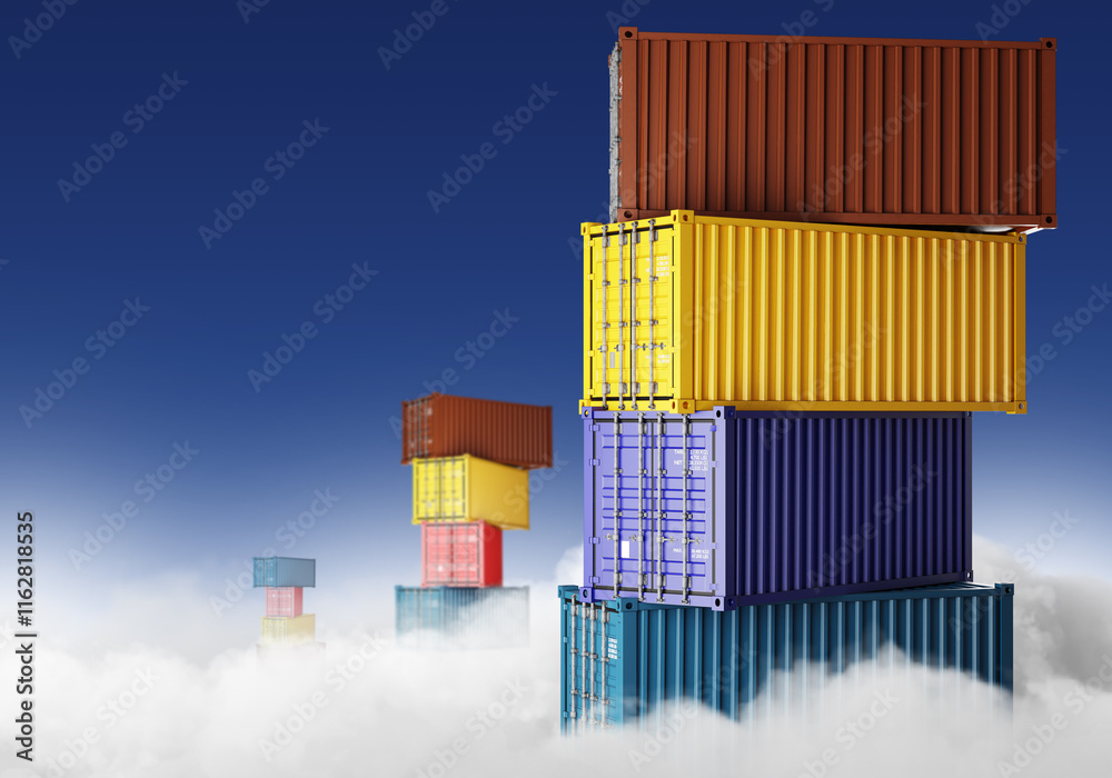 Multi-colored shipping containers above clouds. Stacks cargo containers ...