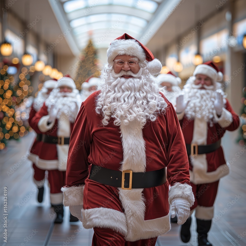 Parade group of Santa Clauses through the shopping center, waving ...
