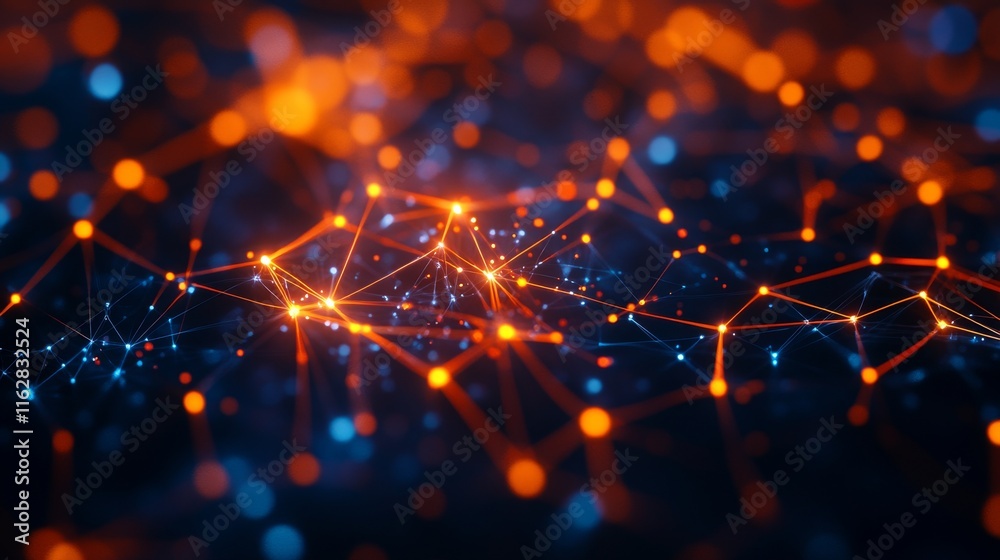 Dynamic abstract representation of interconnected nodes and light particles, showcasing ...