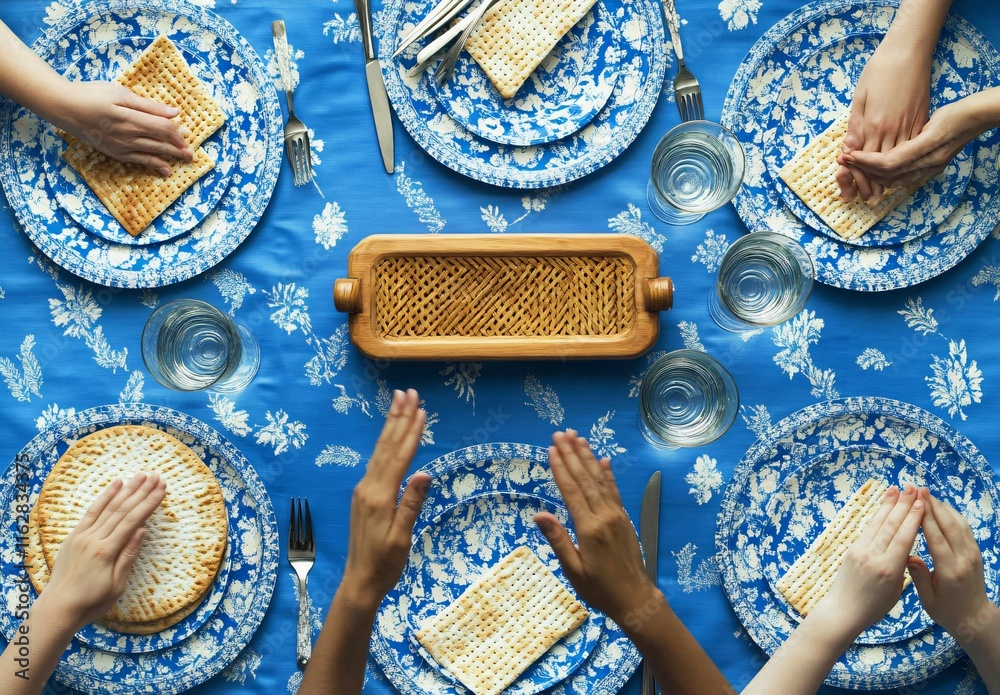 Overhead View of Passover Seder Table with Matzah and Blue Tablecloth ...