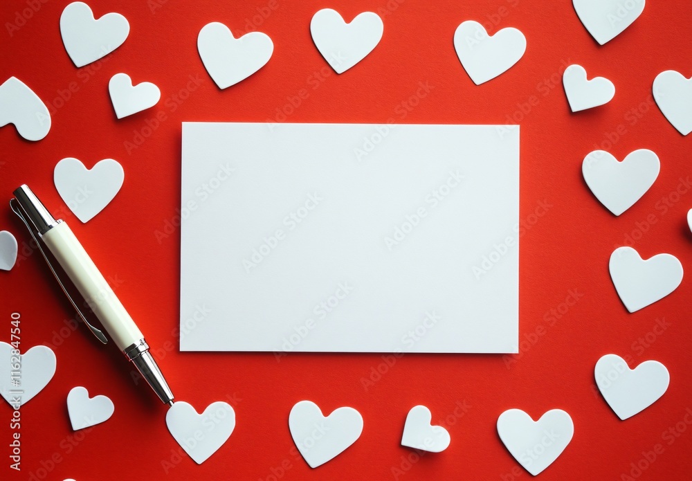 Romantic Valentine's Day Red Background with White Hearts and Blank ...