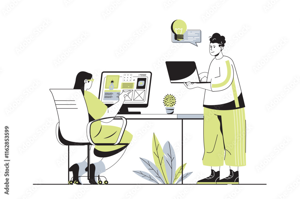 Designer studio web concept with flat cartoon people for website design ...